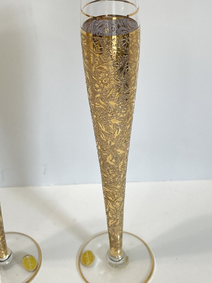 Glastonbury Gold Lotus Tall Champagne Flutes Gold Encrusted Floral ...