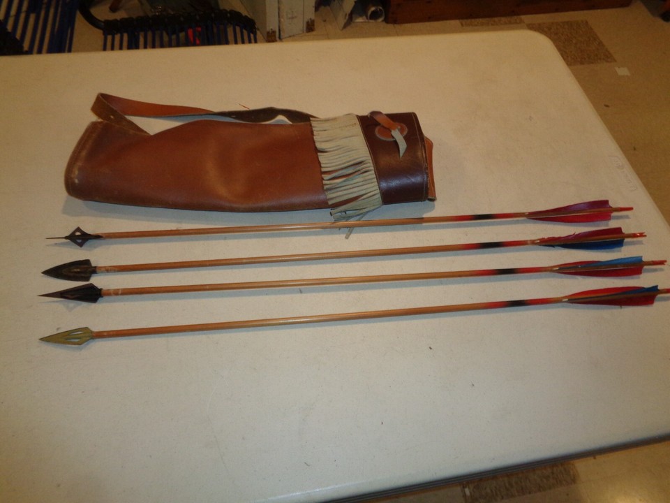 Vintage Unknown leather ARROW QUIVER with 4 wood BROAD TIP ARROWS | eBay
