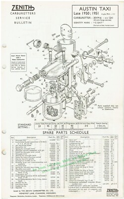 AUSTIN FX3 PETROL TAXI '50-51 ZENITH 30VM-6 CARBURETTER SERVICE GUIDE ...