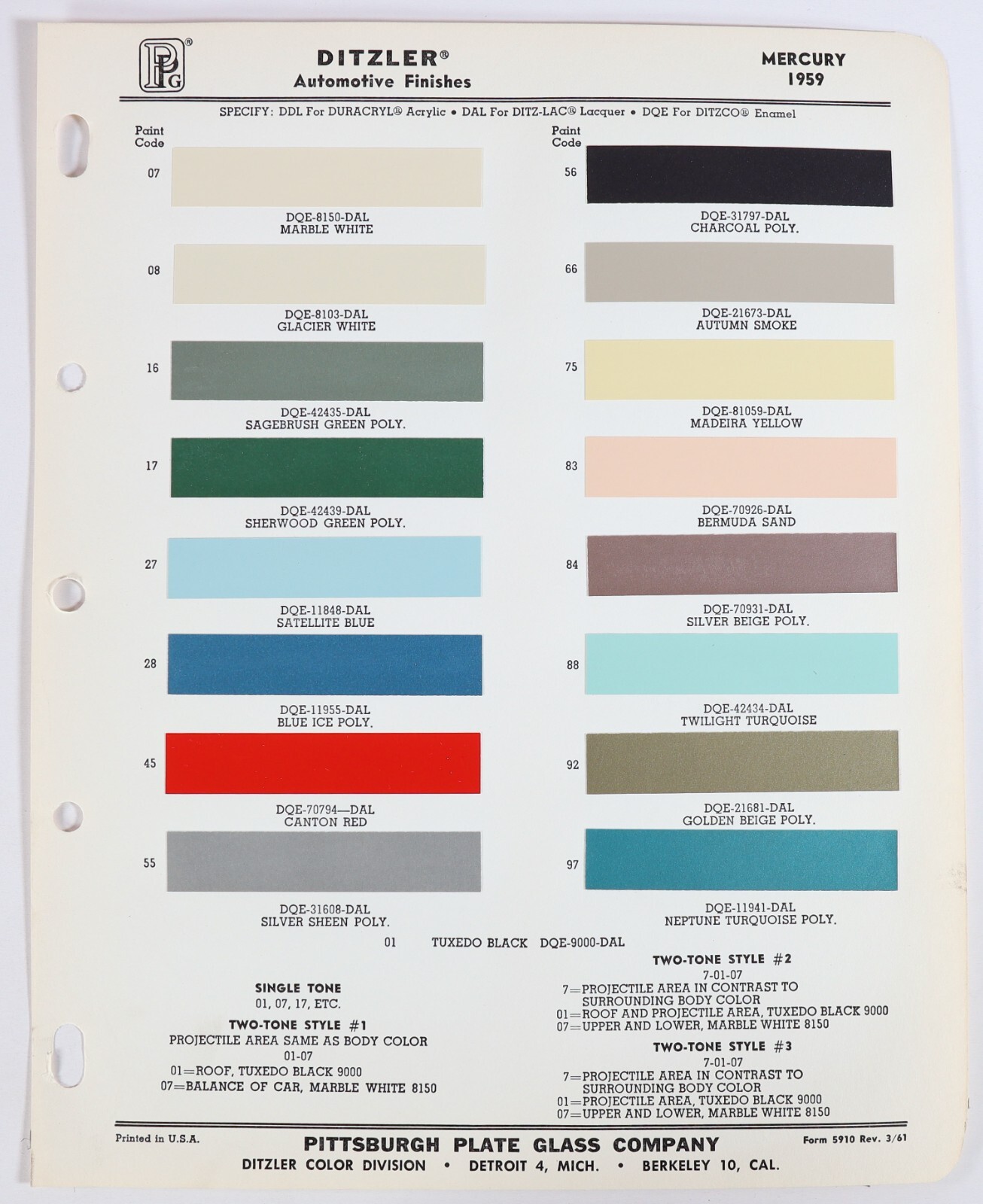 1959 Mercury Color Paint Chip Sheet Ditzler PPG Automotive Finish | eBay