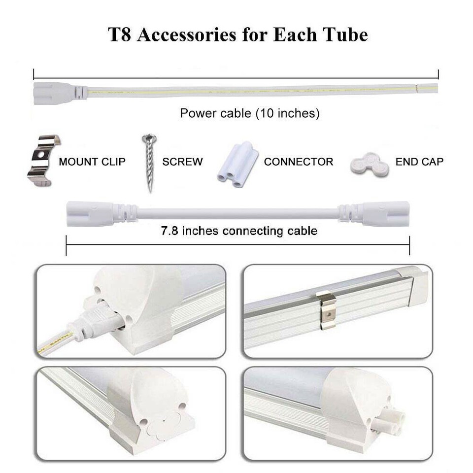 8FT 72W T8 Integrated LED Tube Light Bulb 6500K 8 Foot LED Shop Lights ...
