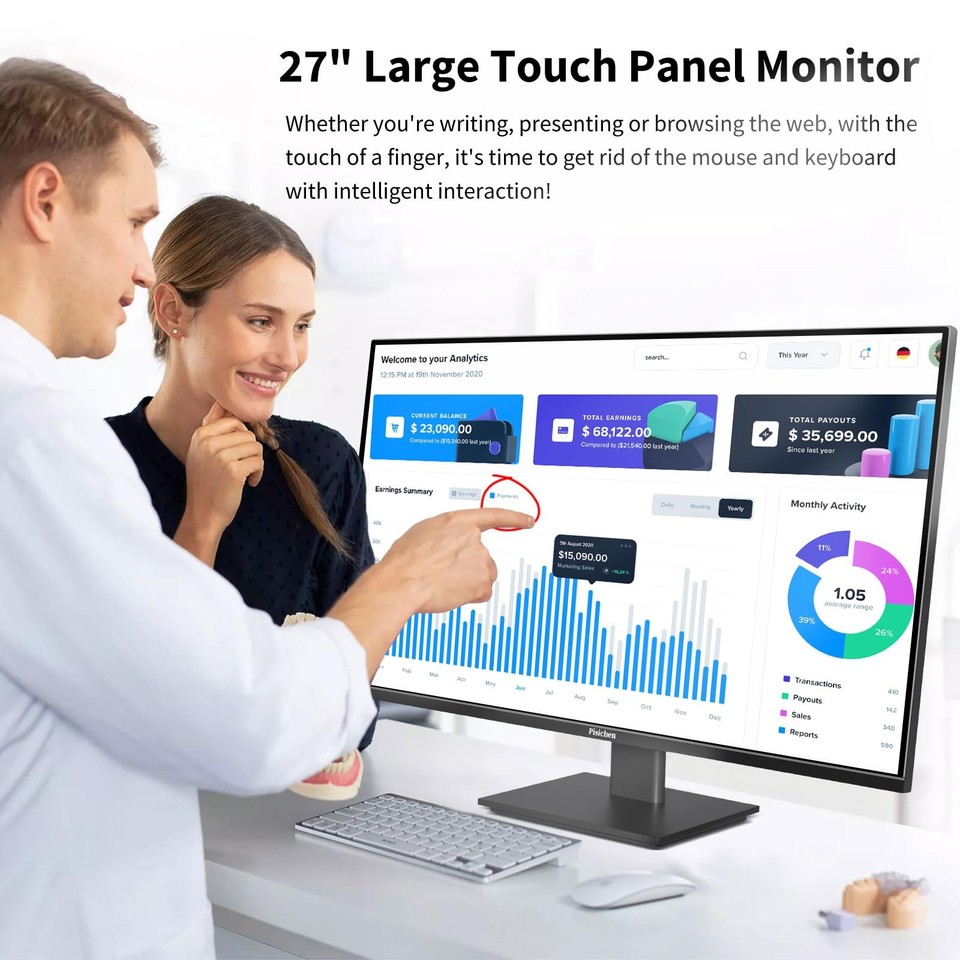 Touchscreen Monitor 27 Inch 2K 100Hz Gaming Monitor, QHD 2560x1440 IPS ...