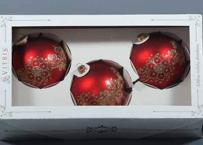3 VITBIS SATIN RED & RED GLITTER GLASS Ball Holiday Tree Ornaments 4 ...