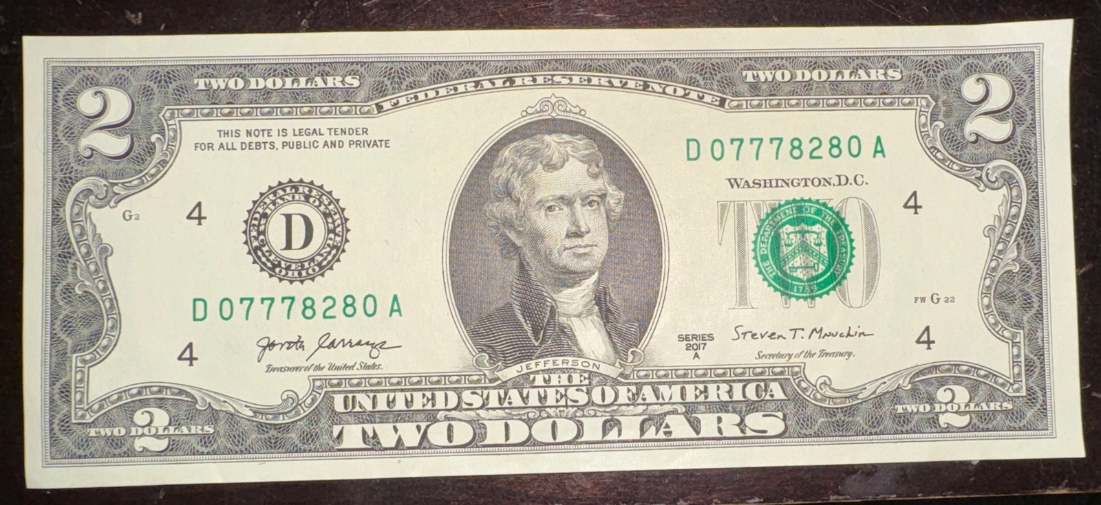 2 Dollar Bill 2017 A Series Low Serial # Featuring Triple & Double #s ...