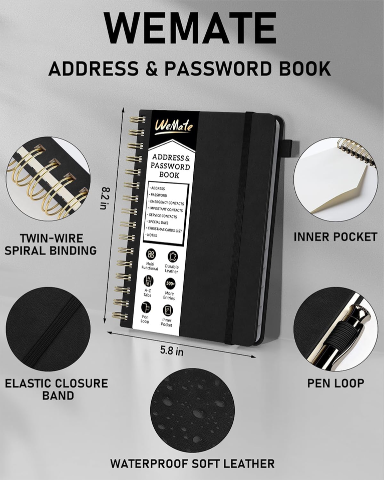 Spiral Address Book with Alphabetical Tabs, Leather Password Book ...