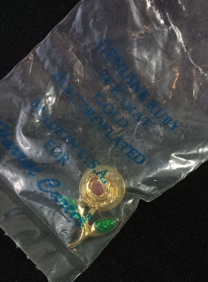 Vintage Harriet Carter Ruby & Enamel Gold Plated Rose Pin - New, Sealed ...