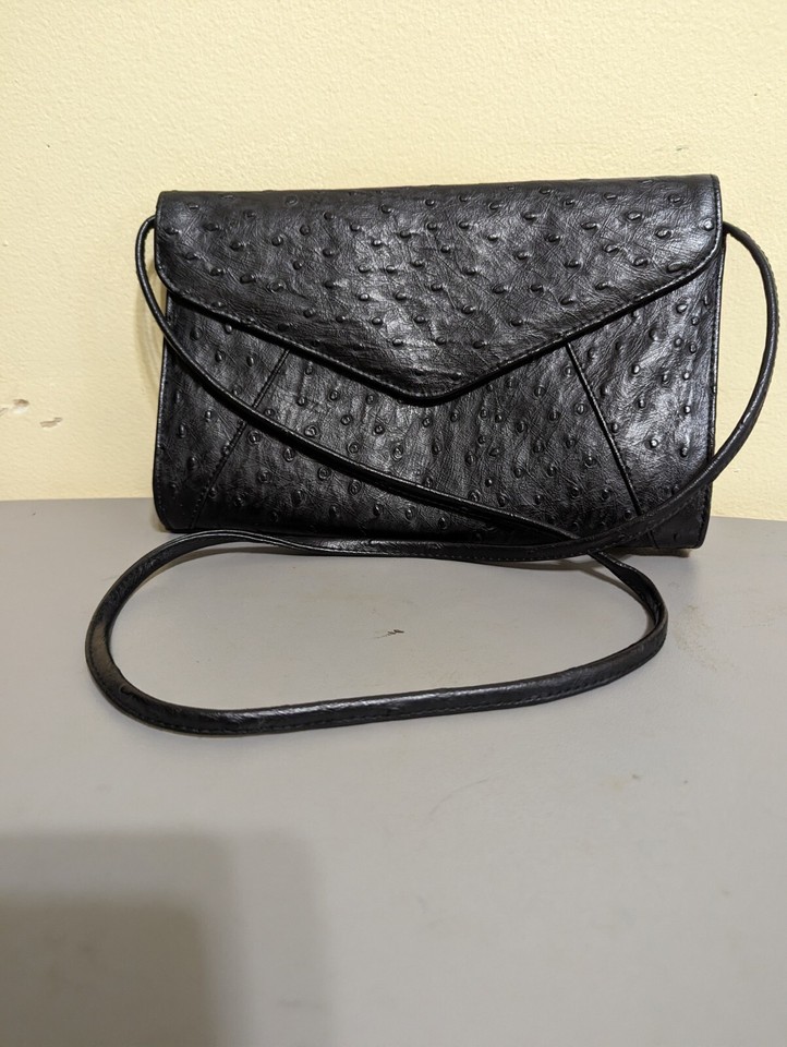 Faux Leather Ostrich Skin Crossbody Flap-Over Handbag Purse Black | eBay