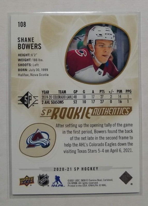 2020-21 SP Authentic Shane Bowers RC #ed 231/999 Avalanche | eBay