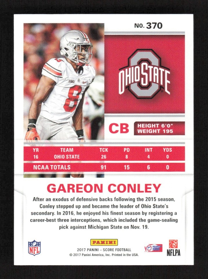 2017 Score Football Gareon Conley RC #370 Ohio State Buckeyes | eBay