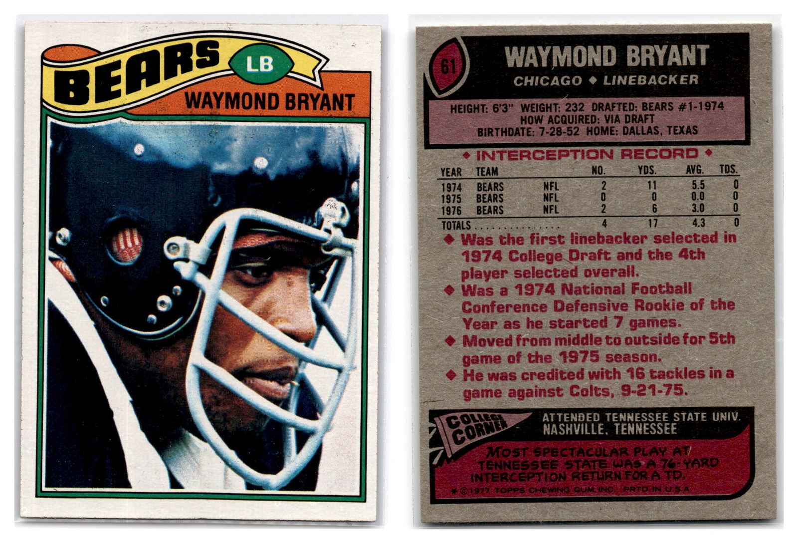 1977 Topps #61 Waymond Bryant RC EXMT/NM - Chicago Bears | eBay