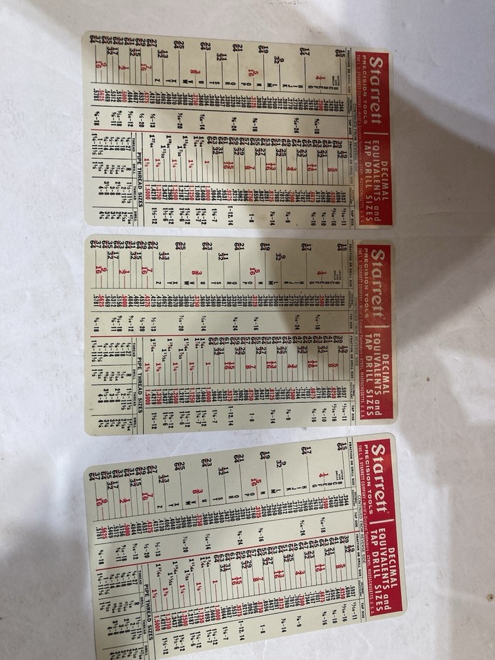 3 Vtg Starrett Decimal Equivalent And Tap Drill Sizes Chart Machining ...