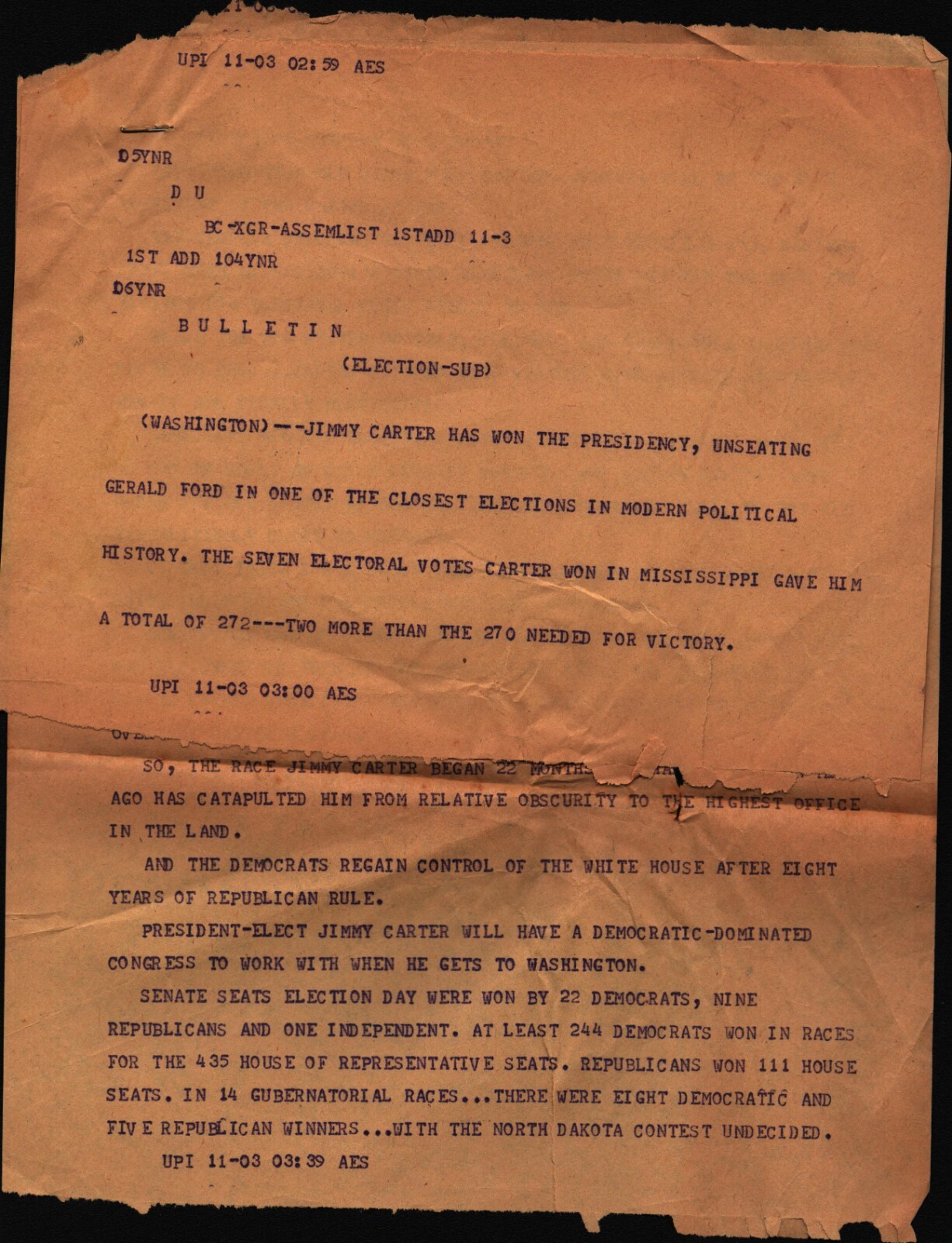 Jimmy Carter Wins Presidency Over Ford UPI Teletype 11-03-1976 Election Results | eBay