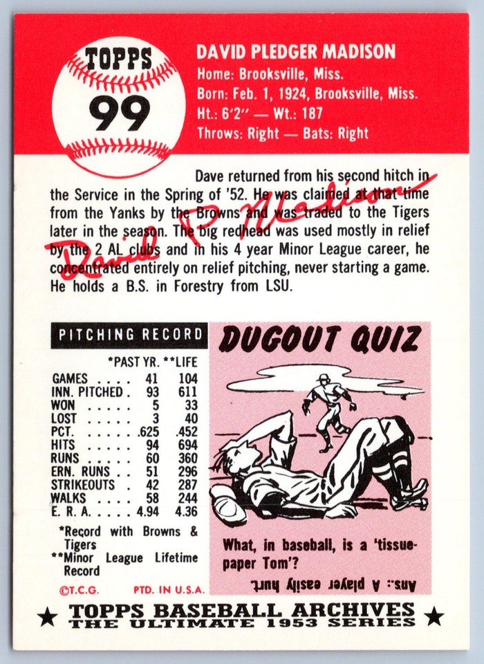 DAVE MADISON 1991 TOPPS ARCHIVES '53 NO 99 NRMINT+ 57206 | eBay