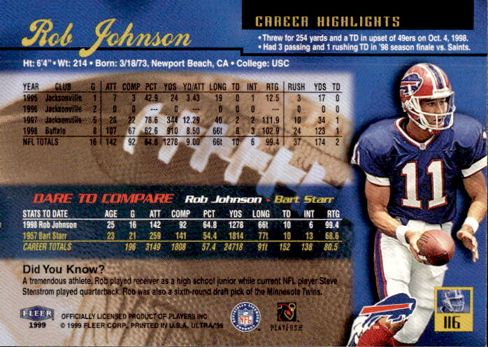1999 Ultra Rob Johnson 116 Buffalo Bills | eBay