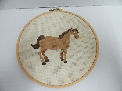 Finished Cross Stitch Horse Eating Hay Pony Round Wood Frame 6 ...
