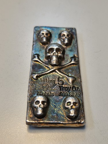 Mutiny Metals Skull and Crossbones 5 oz Poured Silver Art Bar .999 Fine ...