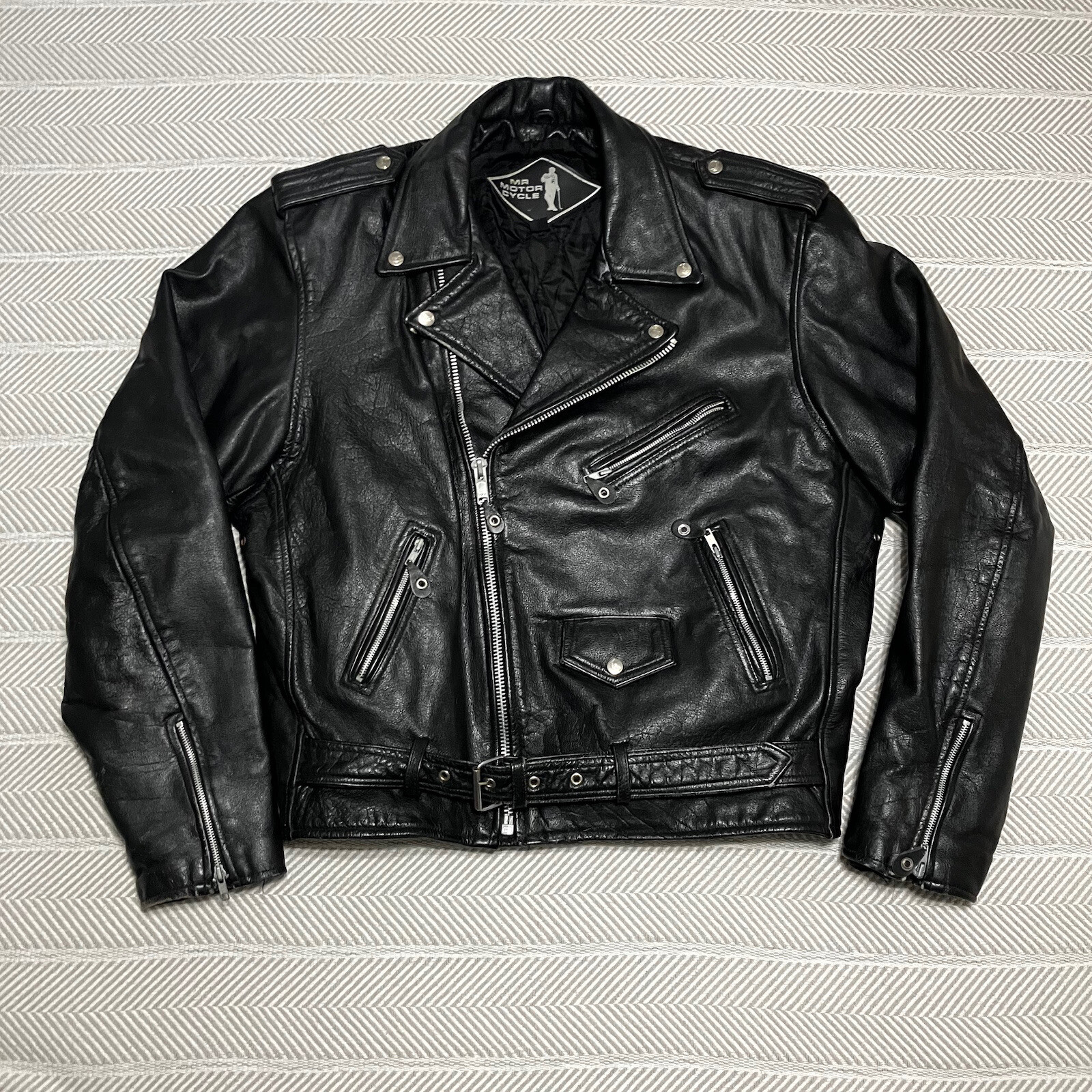 Mr Motor Cycle Classic Biker Jacket Black Leather Zip… - Gem