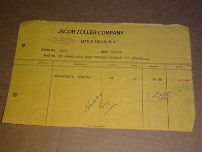 1918 letterhead Jacob Zoller Co. Food Service Little Falls, NY 8/8/18 ...