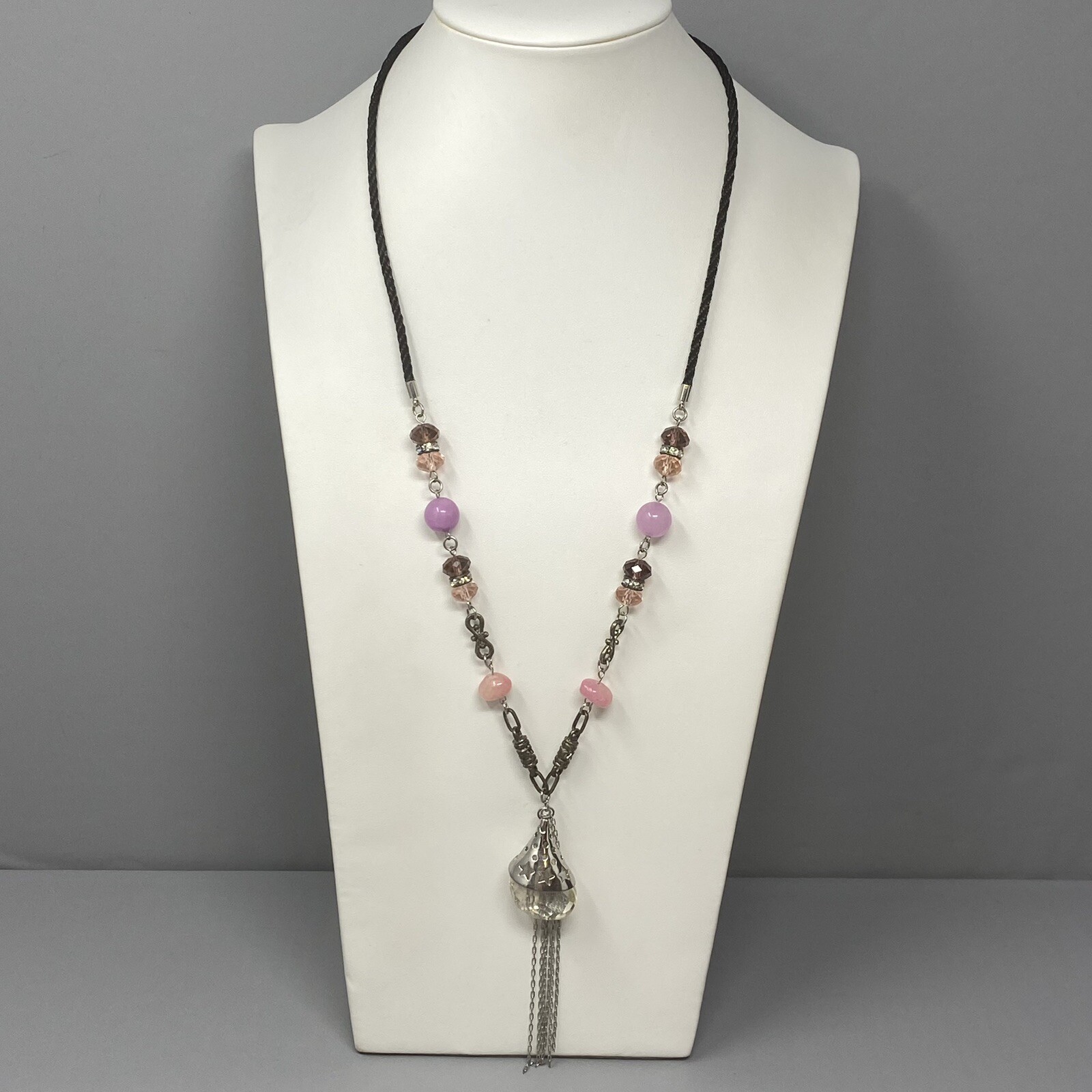 Crystal Pendant Necklace Pink Aurora Boreas & Stone Beads Cord Chain ...