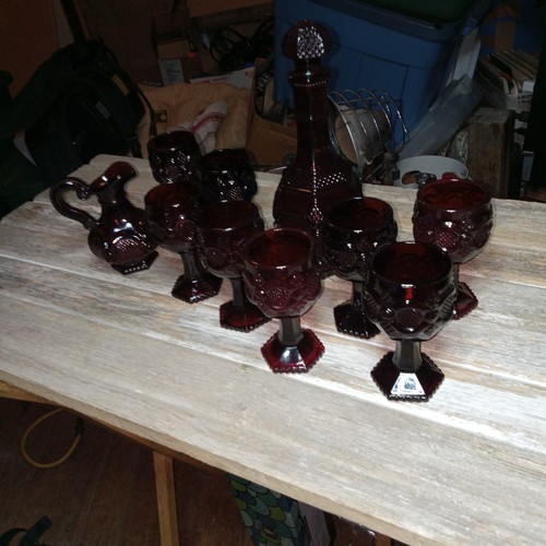 Avon Cape Cod Decanter, 8 Wine Glasses & Small Cream Container Set, Red ...