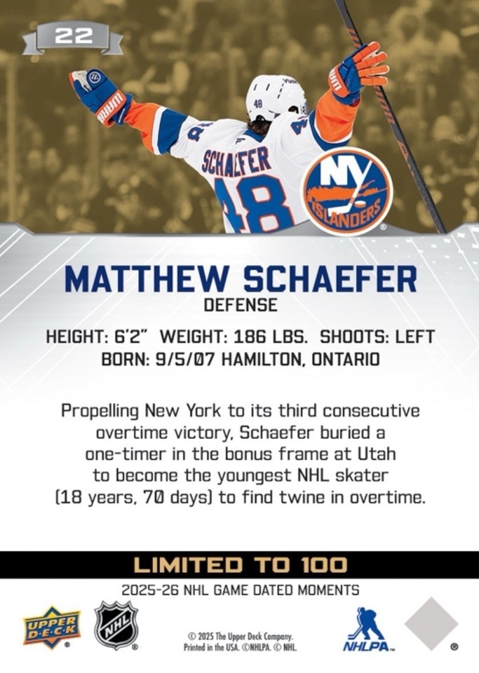 EPACK ONLY! READ! 2025 Game Dated Moments Matthew Schaefer Ot Goal GOLD /100 Sp | eBay