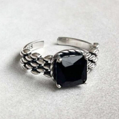 925 Sterling Silver Black Crystal Retro Chain Adjustable Ring Womens ...
