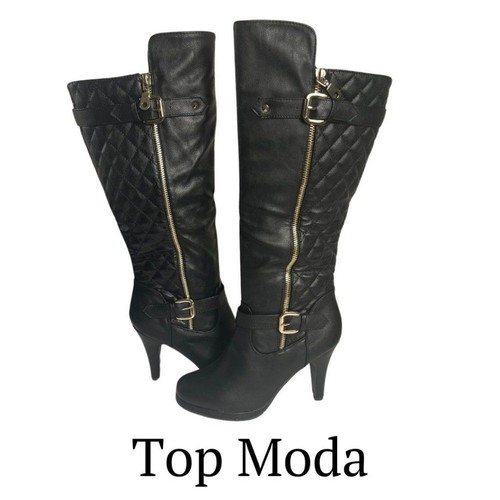 Top Moda Black Tall Knee Quilted Faux Leather Boot Zip Buckle High Heel ...