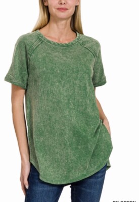 Zenana French Terry Acid Wash Raw Edge Raglan Short Cuff Back Seam Dark ...