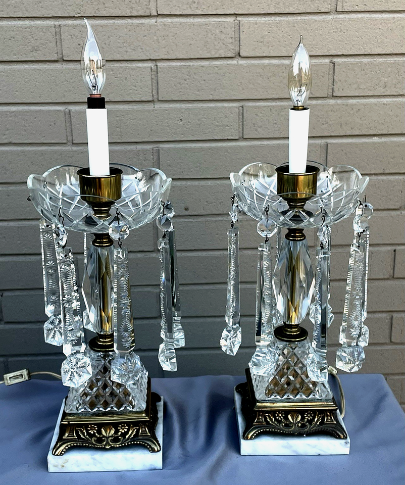 Vintage Crystal Boudoir Lamps Etched Cranberry Shades & Prisms on ...