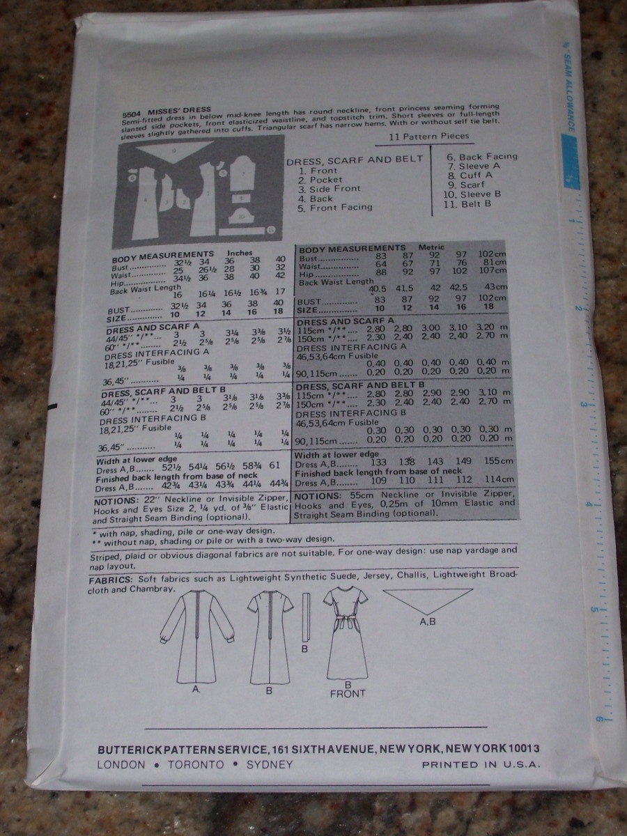 UNCIRCULATED 1979 BUTTERICK #5504 / #5505-LADIES DRESS & SCARF PATTERN ...