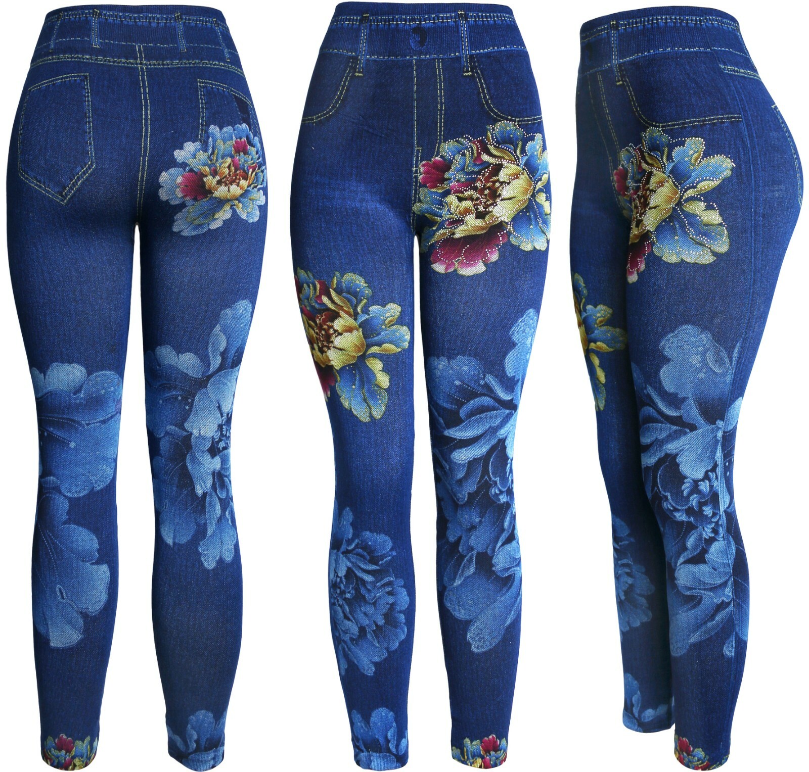 High Waist Women's Denim Print Fake Faux Jeans Leggings Pants | eBay