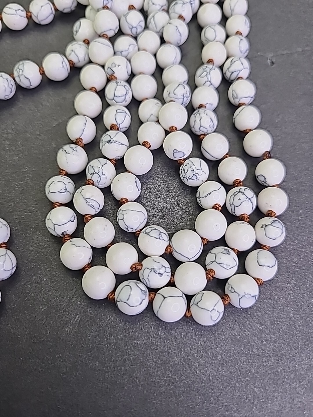 White Howlite Round Gemstone Single Knotted Strand Long Beaded Necklace ...