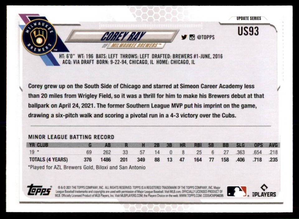 Corey Ray 2021 Topps Update Rookie Card RC | #US93 Milwaukee Brewers | eBay