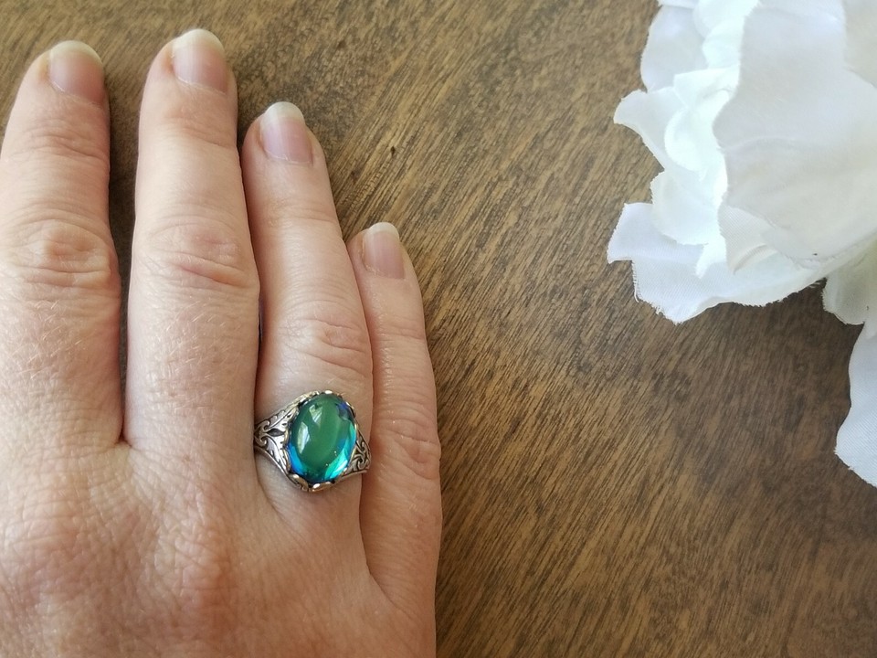 aqua blue ring silver oval adjustable, vintage style filigree setting ...