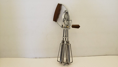 VINTAGE HAND CRANK EGG BEATER, ANGLE HANDLE, BROWN, STAINLESS STEEL ...