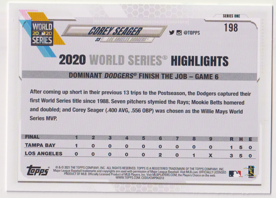 2021 Topps #198 Corey Seager WS Los Angeles Dodgers | eBay
