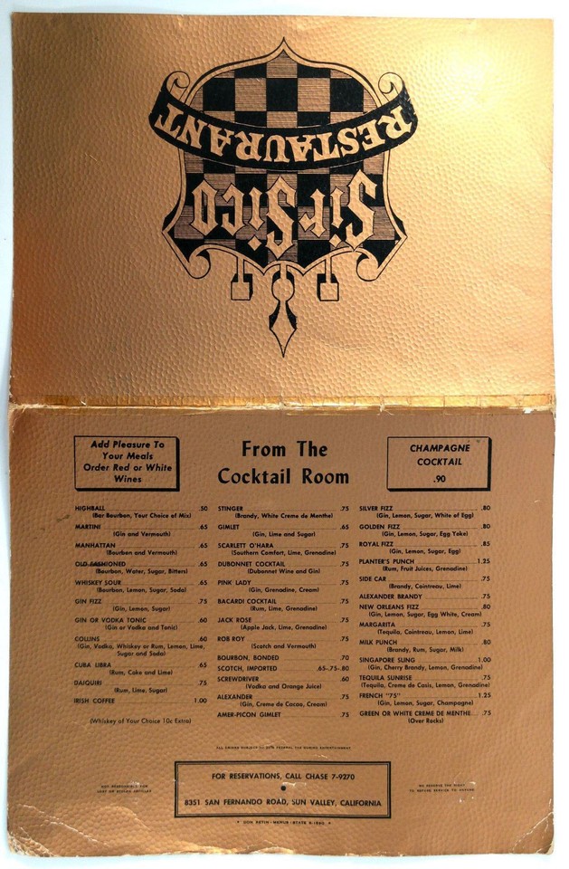 1950's Original Vintage Menu SIR SICO Restaurant Sun Valley CA FRANK ...