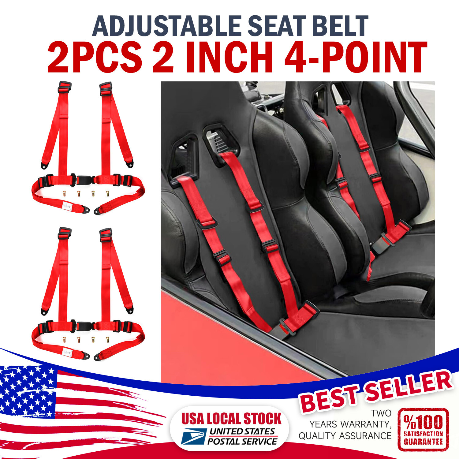 2x Red 2inch 4-Point Harness Quick Release Safety Seat Belt Plug&Lock ...