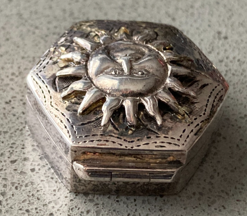 Sterling Silver Vintage Etched Small Hexagon Box with Sun Face | eBay