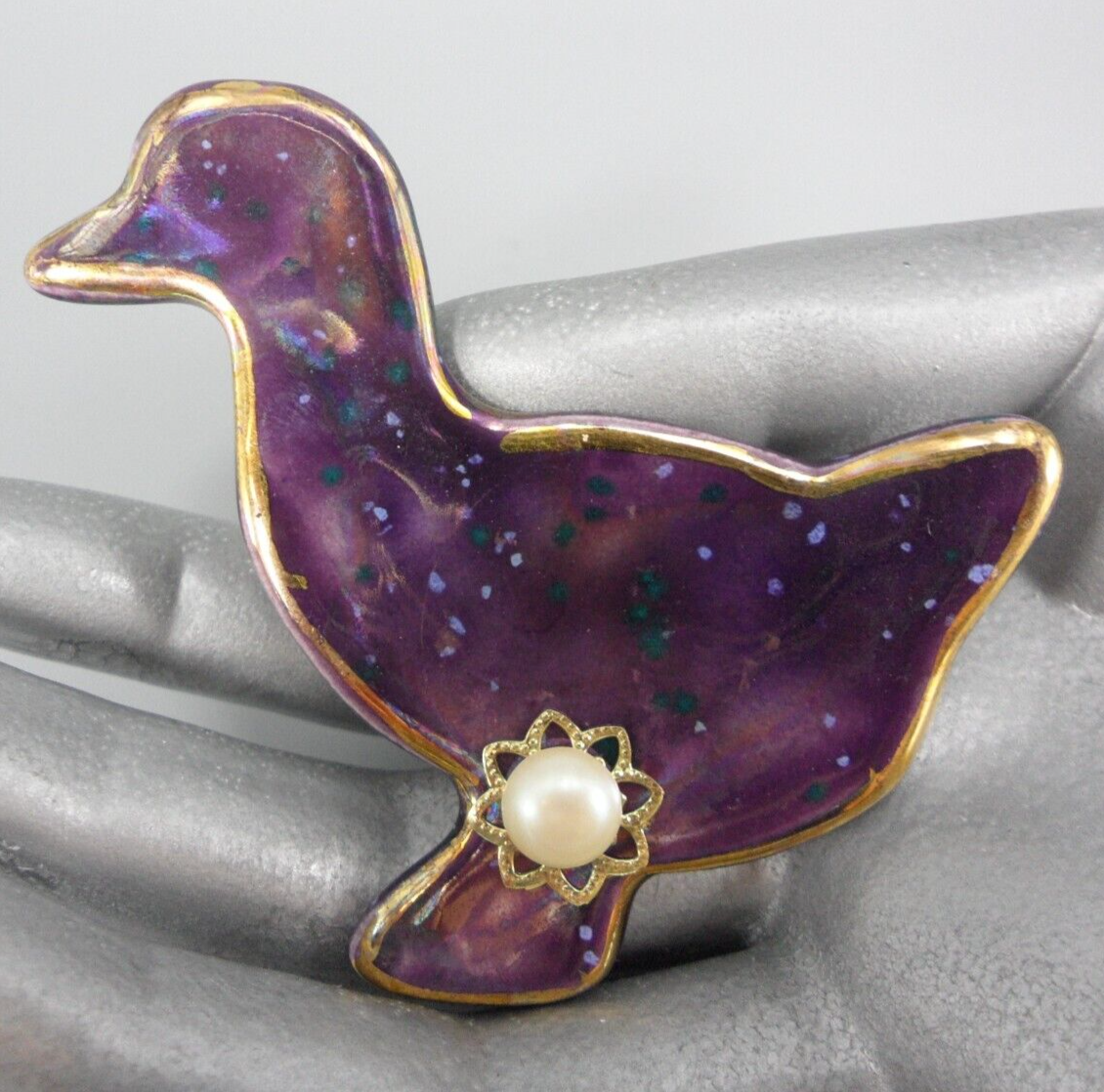 Large Vintage Ceramic Duck Brooch Faux Mabe Pearl Filigree Flower ...