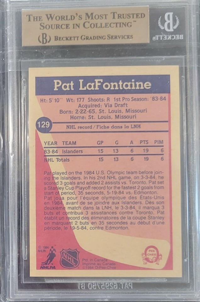 1984 OPC Pat Lafontaine BGS 9.5 GEM MINT HOF Rookie RC w/2 10's Sabres ...