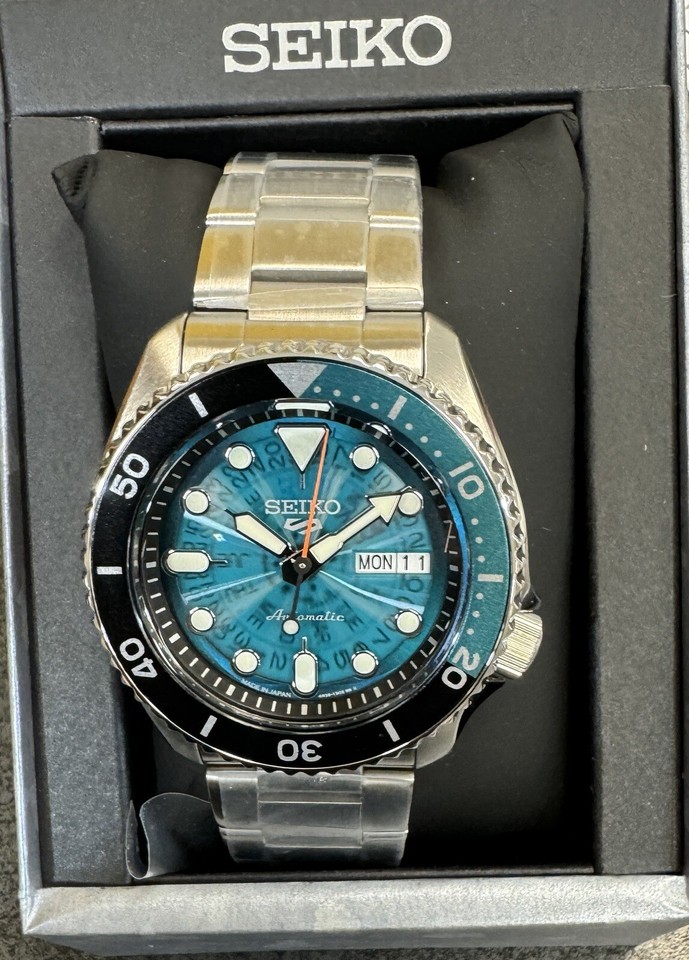 Seiko 5 Automatic Teal Transparent Dial Steel Bracelet Men's Watch ...