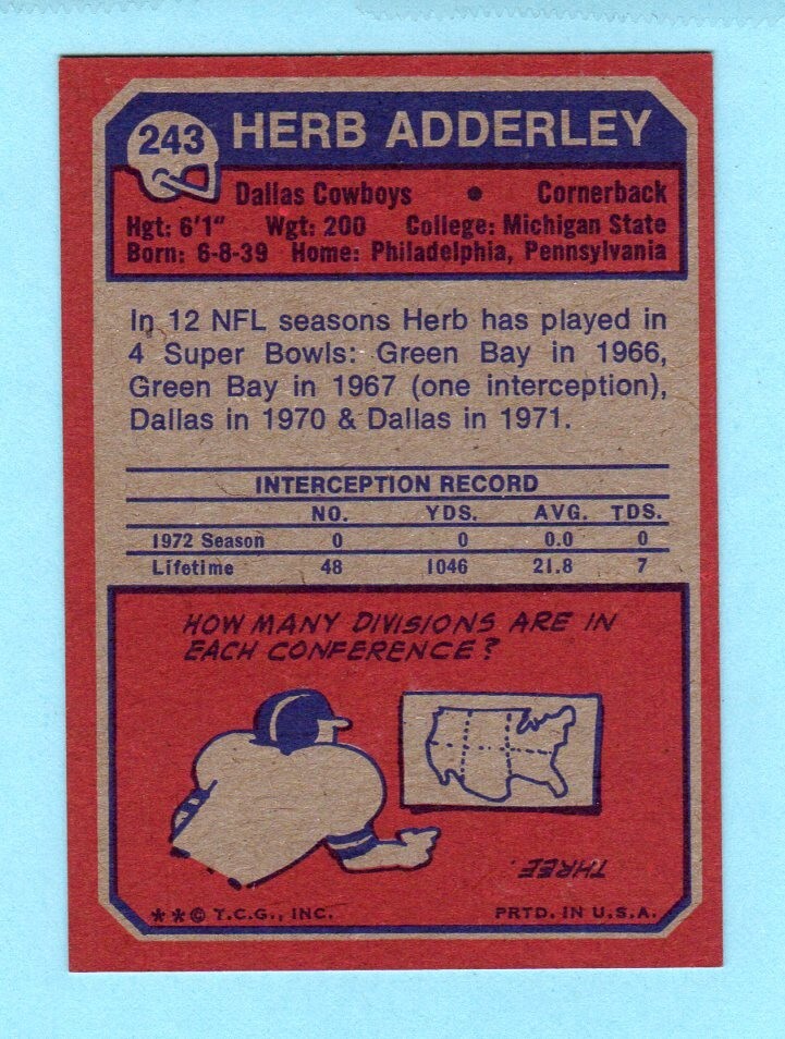 1973 TOPPS FOOTBALL #243 HERB ADDERLEY DALLAS COWBOYS NM to NM/NM+ (HOF ...