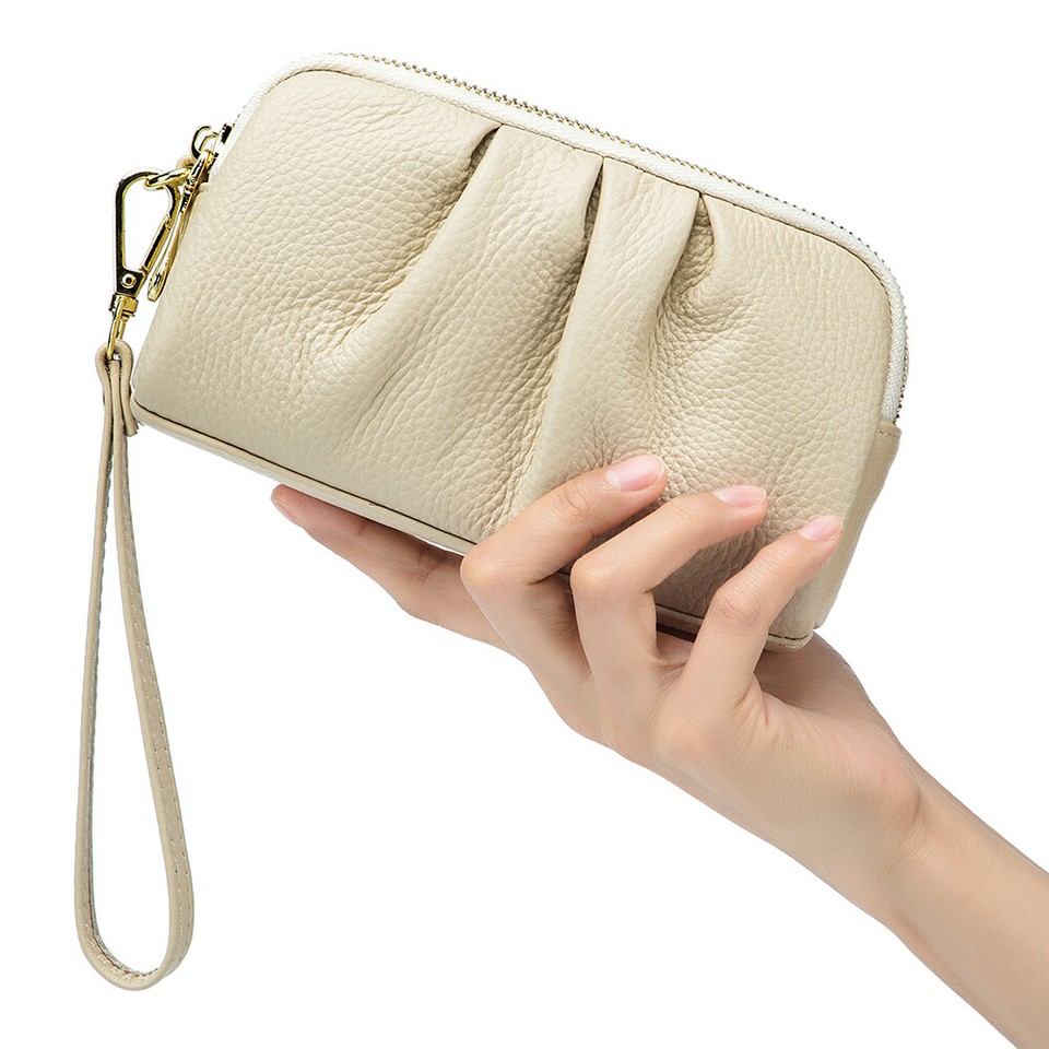 Women Genuine Leather Wristlet Purses Ladies Ruched Wristlet Clutch ...