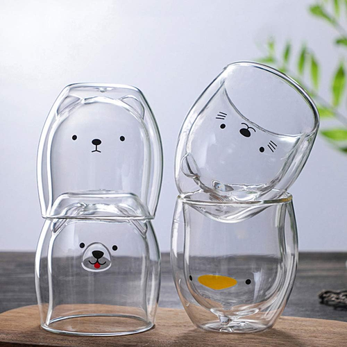 NEW 4 Pack Cute Double Wall Glass Mugs – Bear, Duck & Cat Coffee/Tea ...