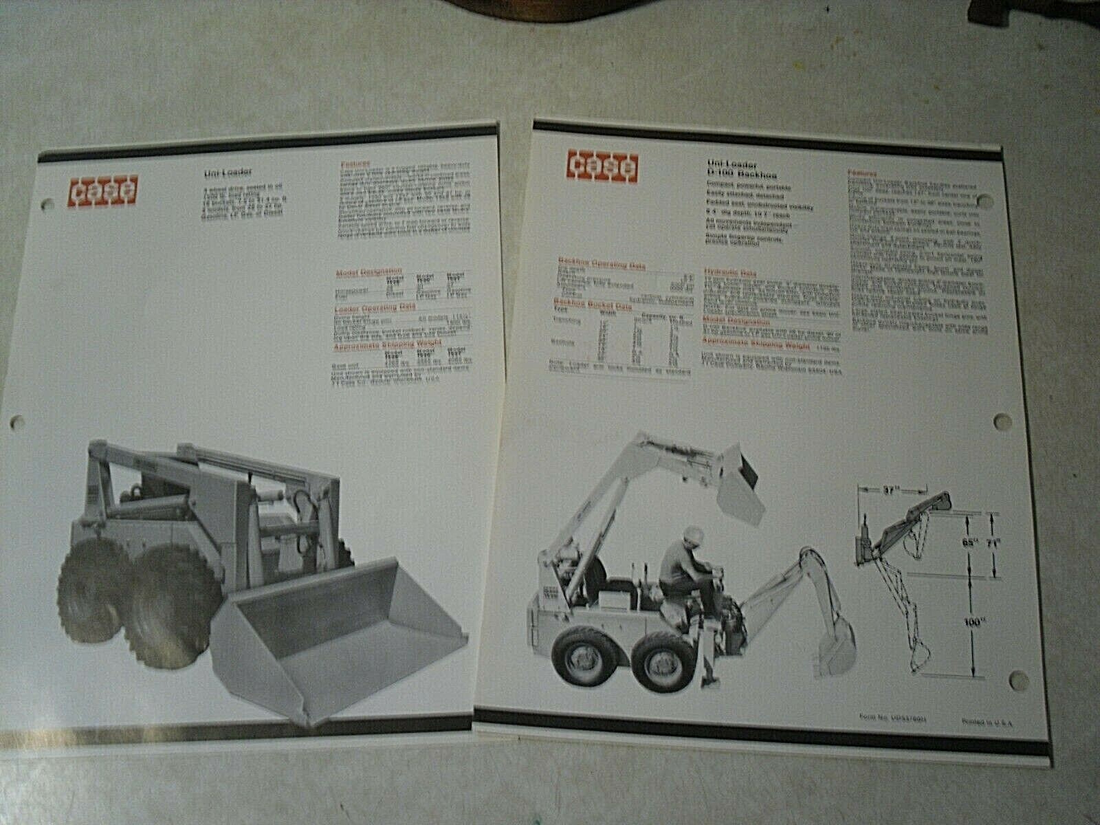 Case Uni-loader D-100 Backhoe and Uni-Loader Spec Sheets- set of 2 (e15 ...