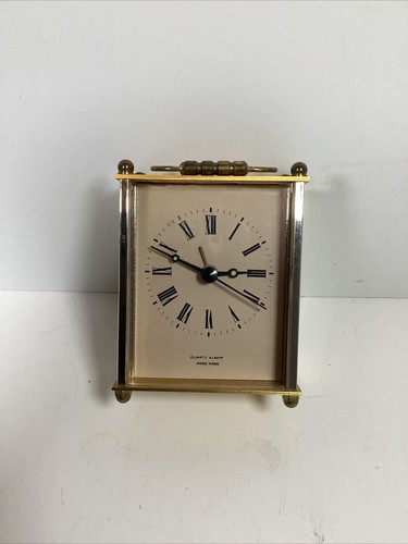 Mini Quartz Desk Carriage Clock Brass Case & Handle White Dial w/ Roman ...