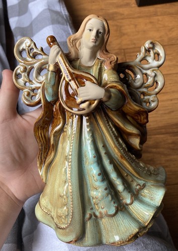 Ceramic Angel Playing String Instrument Christmas 8" Green & Brown | eBay