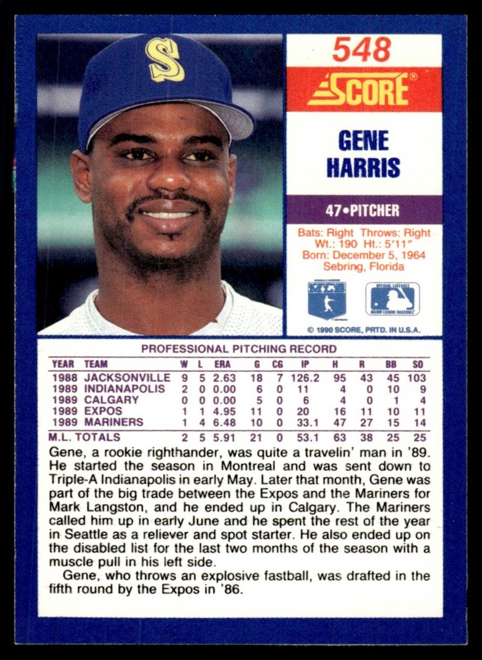 1990 Score #548 Gene Harris Seattle Mariners | eBay