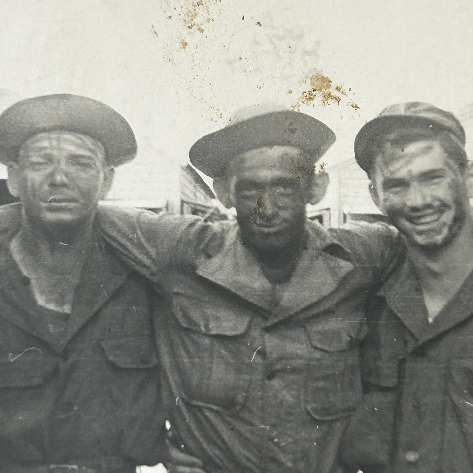 Vintage Photo Snapshot Three Men Identified Work Mechanic Dirty Grease ...